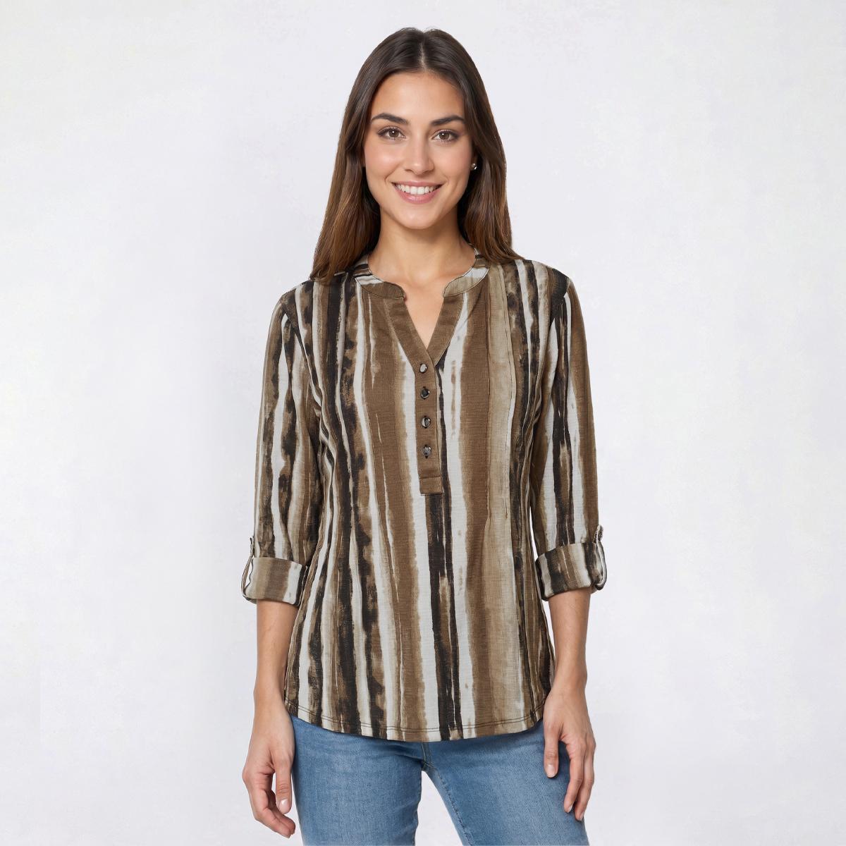 Click here for Petite Cocomo 3/4 Sleeve Stripe Basket Weave Blous... prices